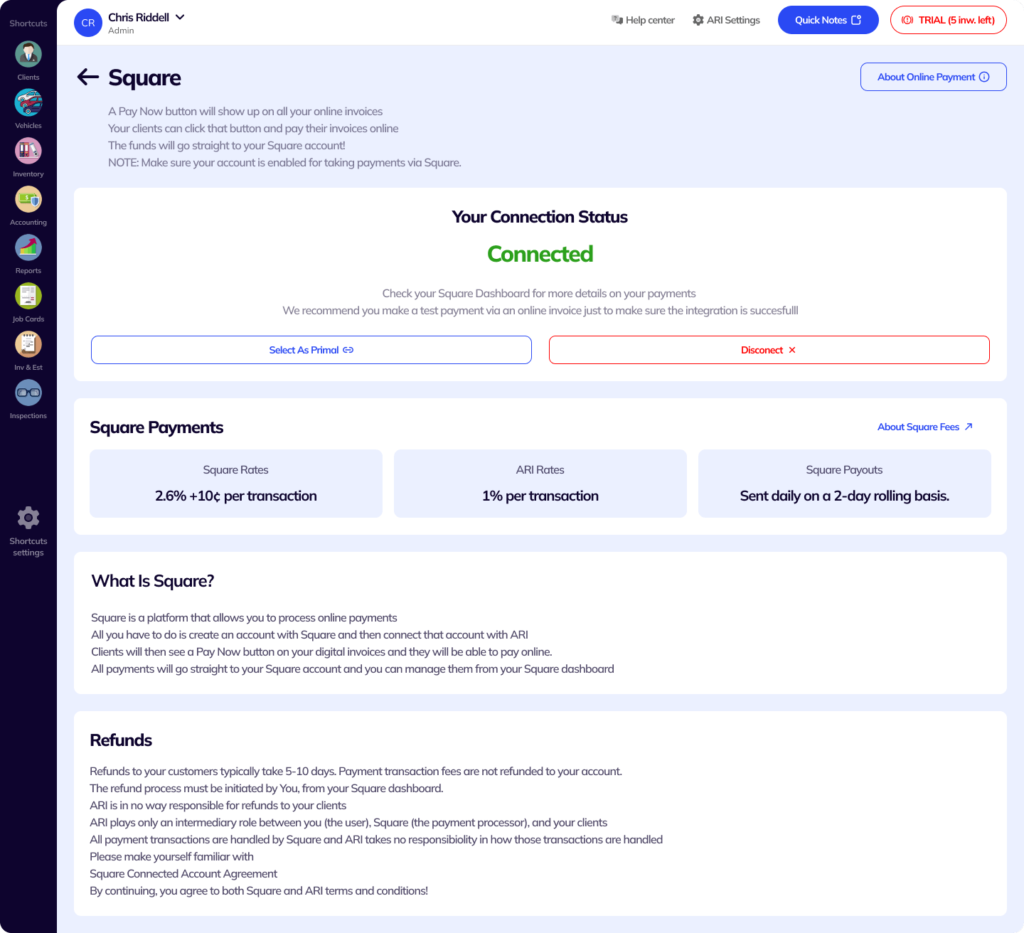 Square Intergration for ARI(Auto Repair Software) - ARI